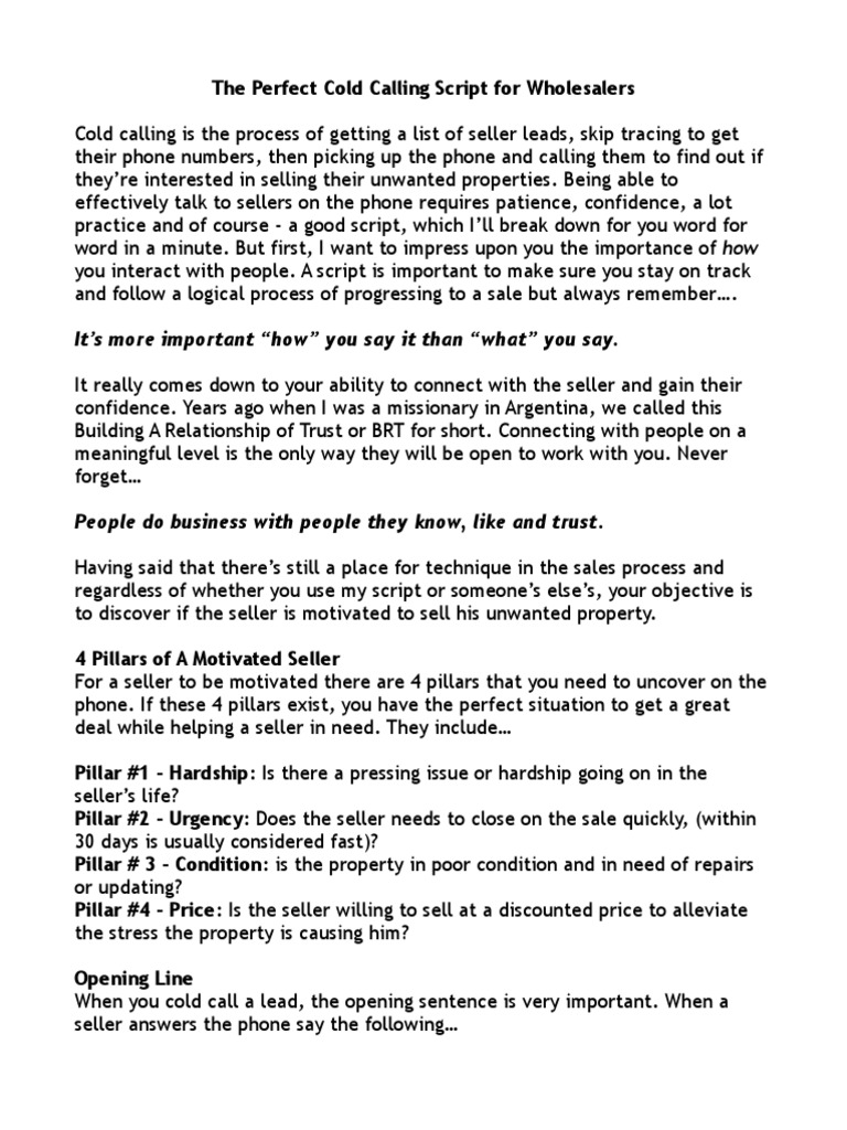 Cold Calling Script For Wholesalers | PDF
