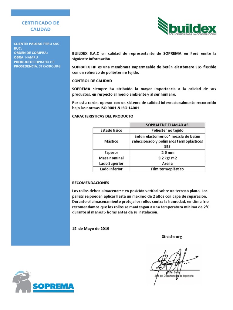 Certificado Calidad Soprema - Soprafix HP | PDF