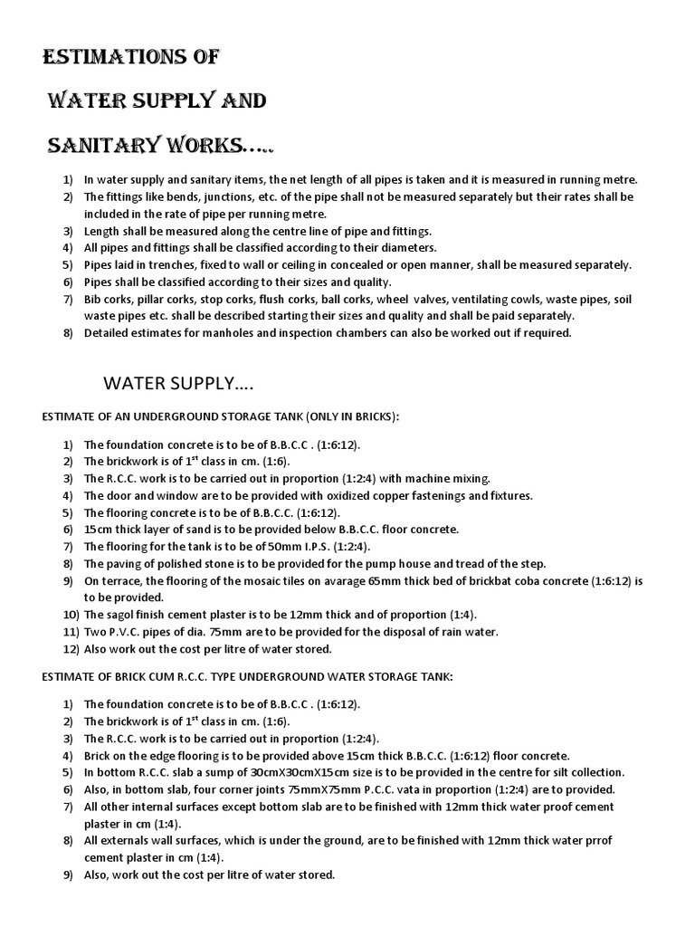 Estimations of Water Supply and Sanitary Works . | PDF | Concrete ...