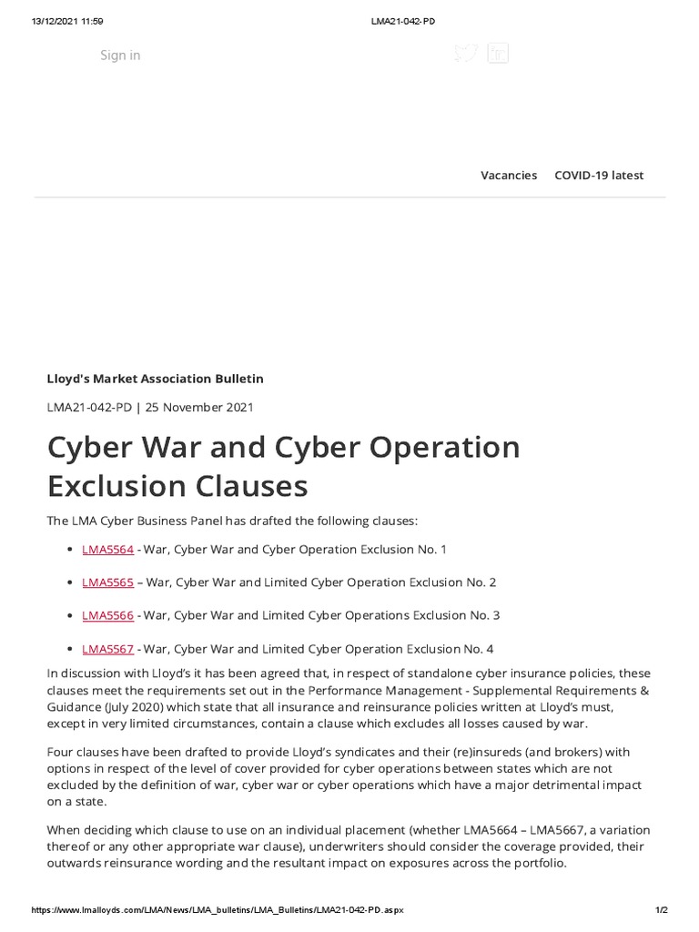 Cyber War and Cyber Operation Exclusion Clauses: Sign in | Download Free PDF | Insurance ...