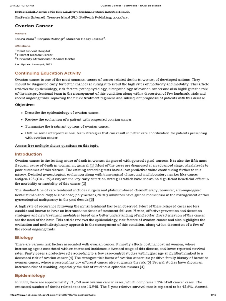 Ovarian Cancer - StatPearls - NCBI Bookshelf | PDF | Ovarian Cancer ...