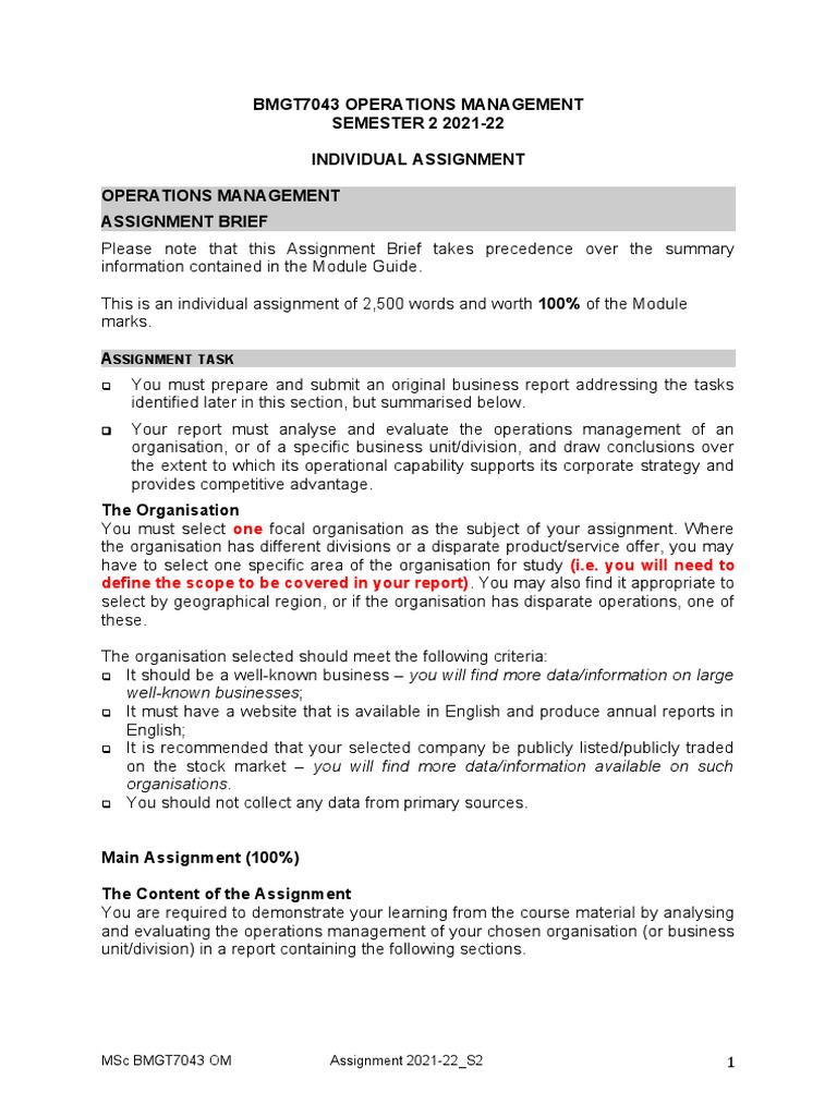 BMGT7043 OM Assignment January2022 | PDF | Operations Management | Concept