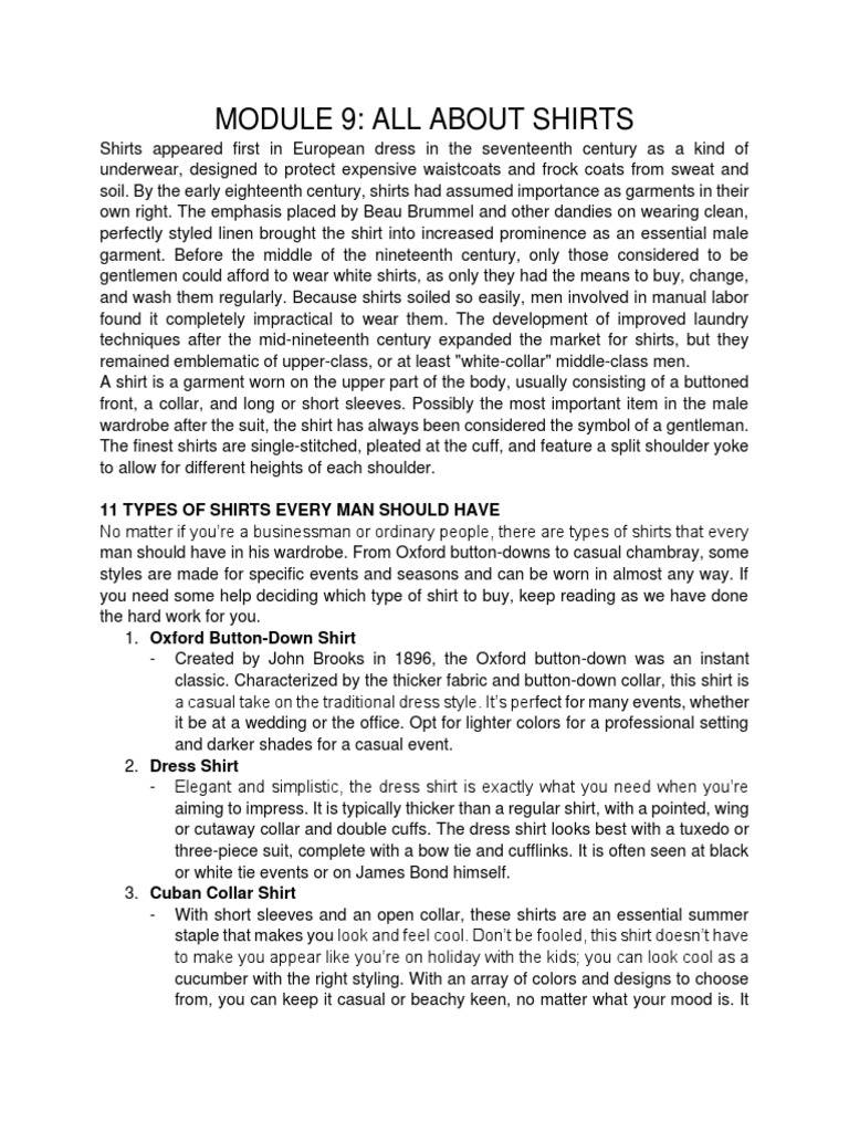 Dressmaking and Tailoring MODULE 9: ALL ABOUT SHIRTS | Download Free ...