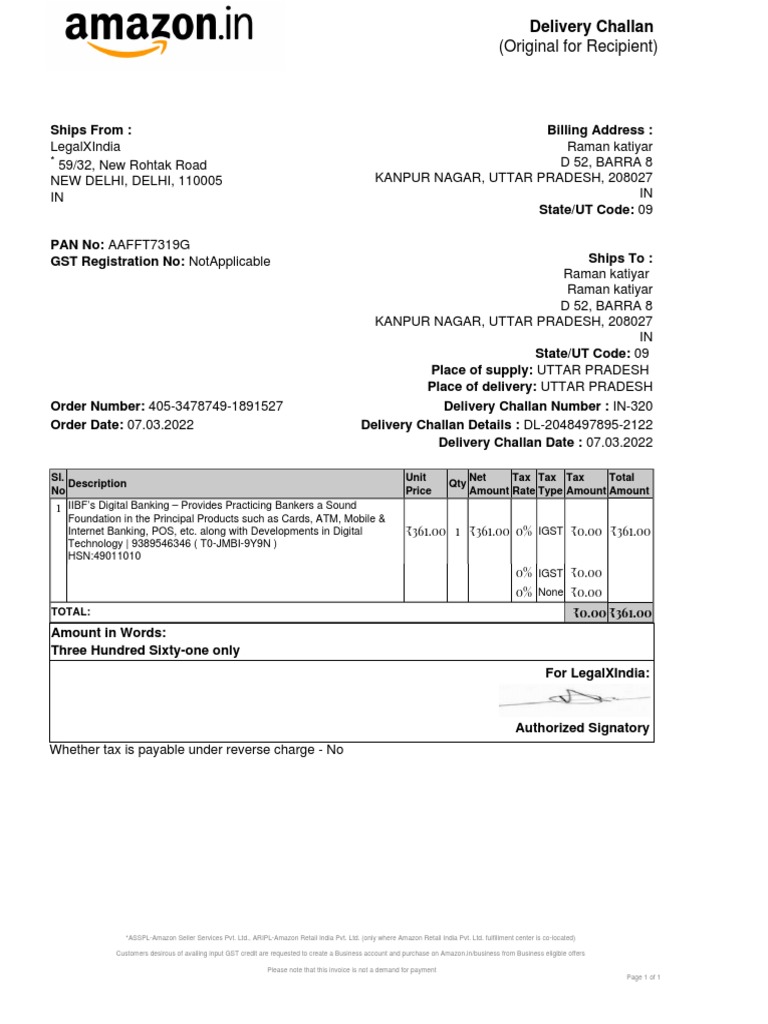(Original For Recipient) : Sl. No Description Unit Price Qty Net Amount ...