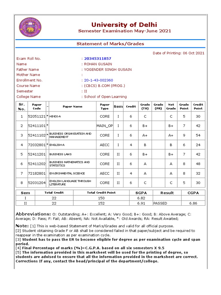 University of Delhi: Semester Examination May-June 2021 Statement of ...