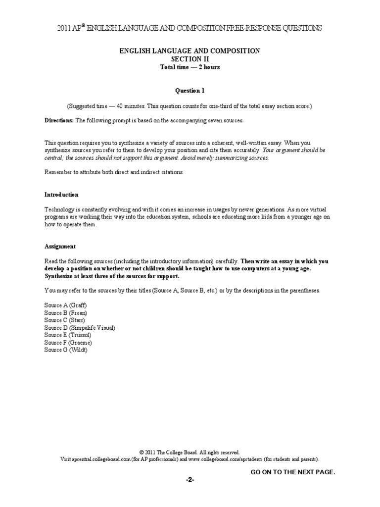 2011 AP English Language and Composition Free-Response Questions | PDF ...