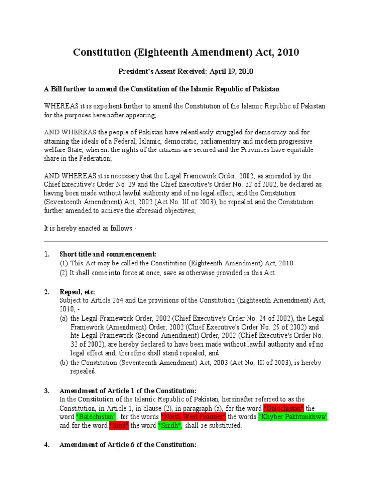 Constitution (Eighteenth Amendment) Act, 2010 | PDF | Parliament Of ...