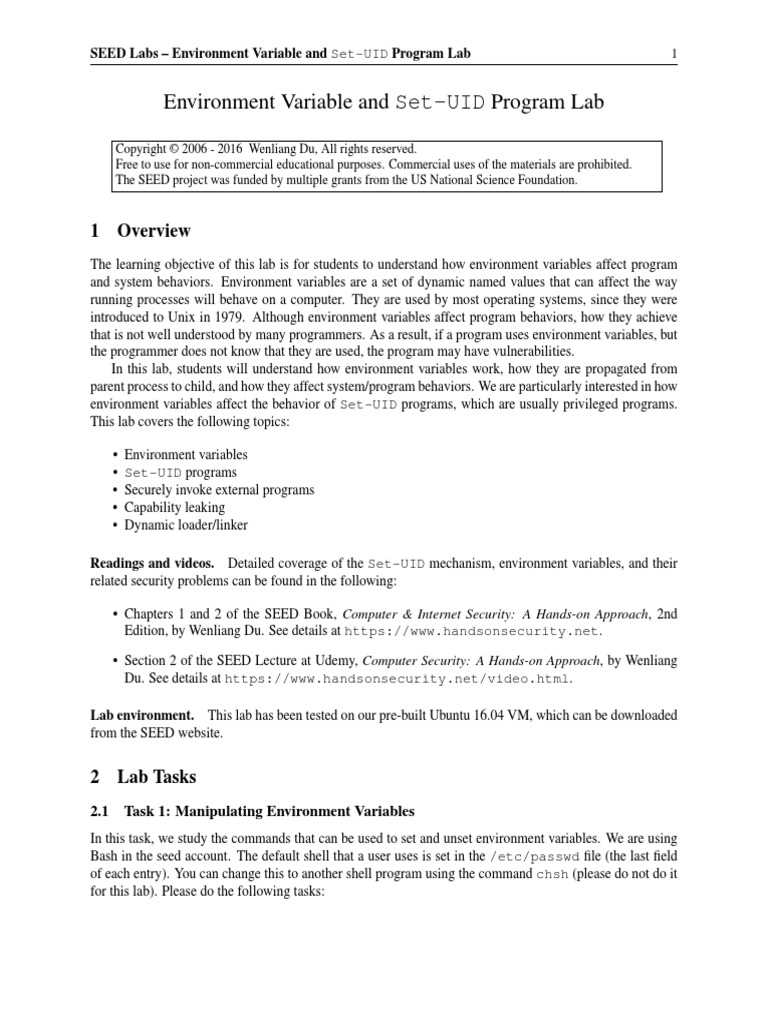 Environment Variable and Set-UID Program Lab: 2.1 Task 1: Manipulating Environment Variables ...