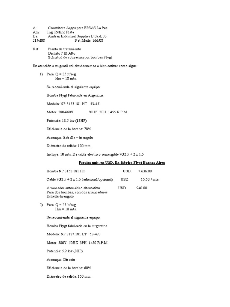 Cotización de Bombas Flygt para EPSAS | PDF | Transporte | Vehículos