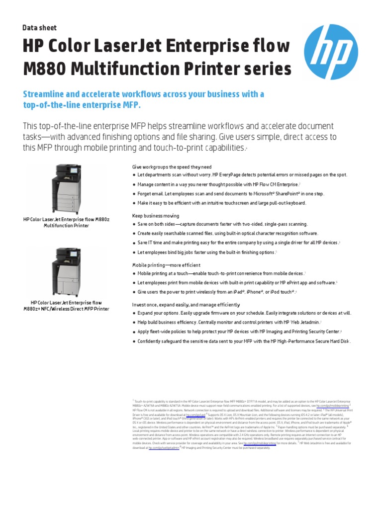 HP Color Laserjet Enterprise Flow M880 Multifunction Printer Series ...