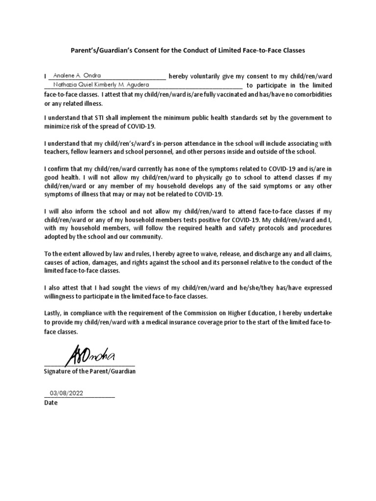 Parent's/Guardian's Consent For The Conduct of Limited Face-to-Face ...