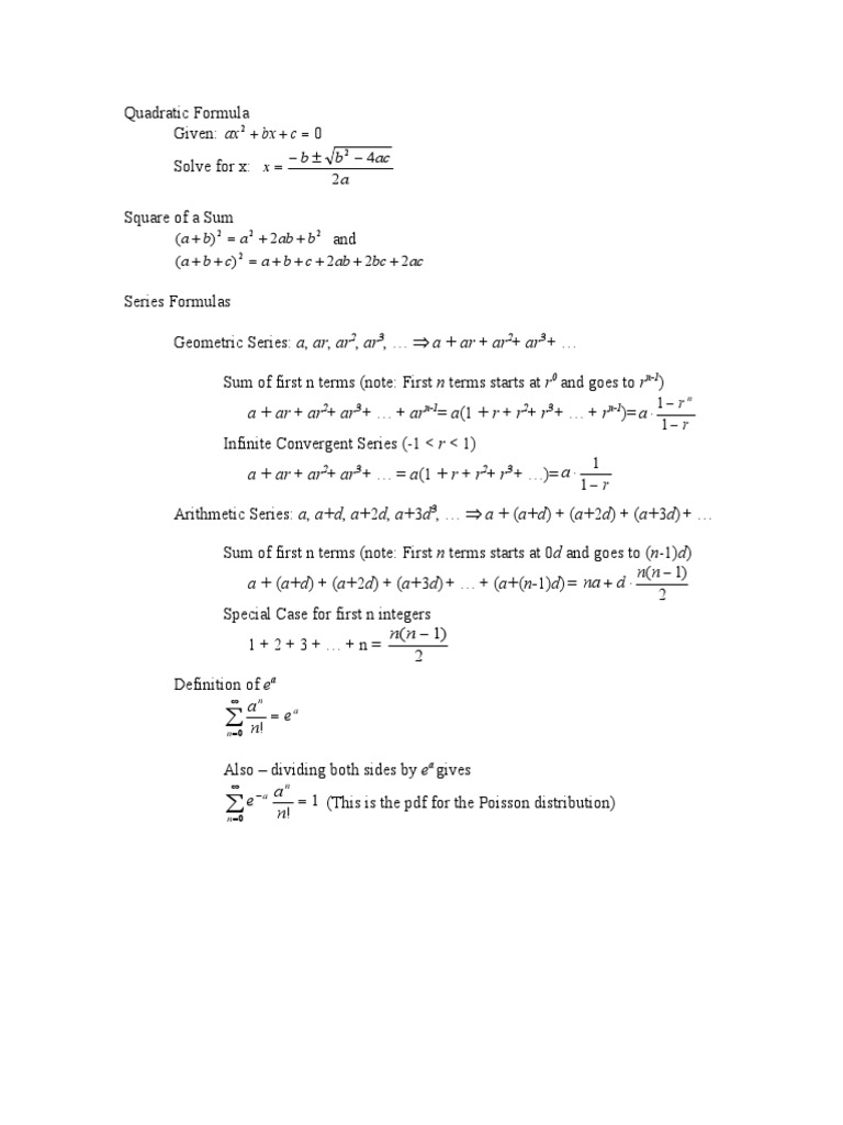 Quadratic Formula, Series Formulas, Limits and Derivatives Guide | PDF ...