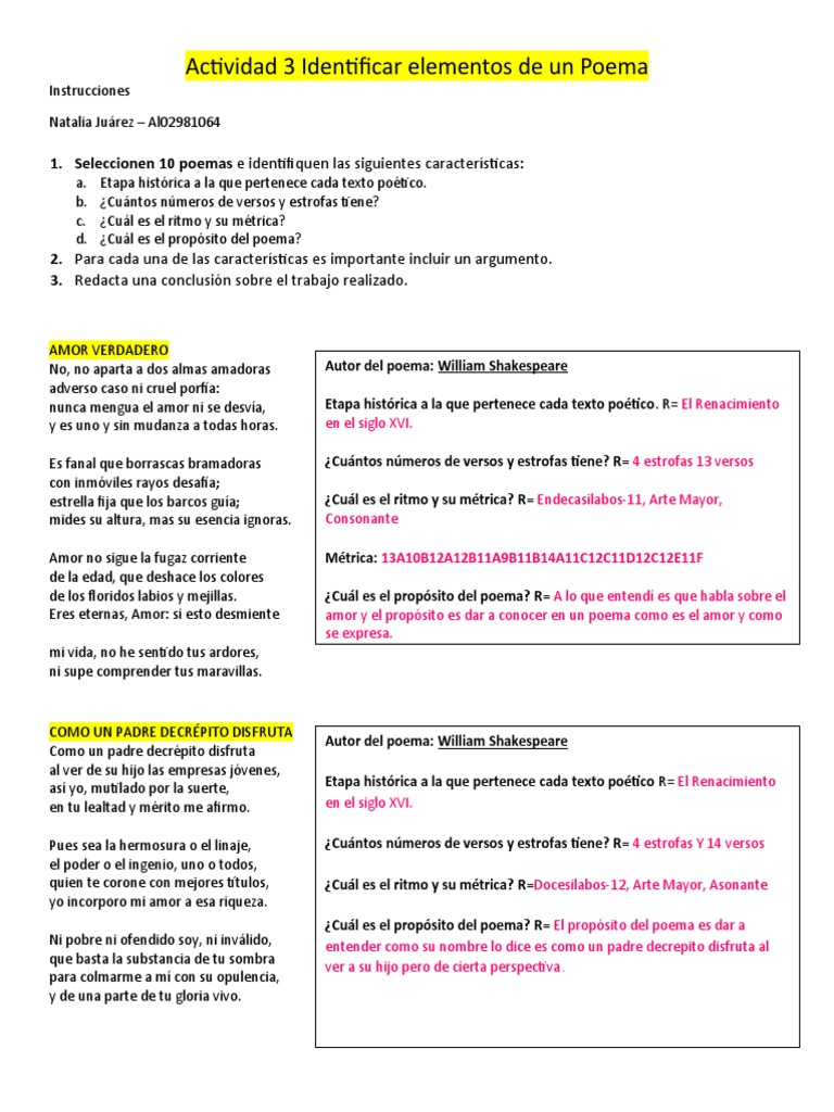 Actividad 3 Identificar Elementos de Un Poema | PDF | Poesía | Metro ...