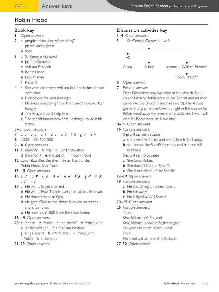 Robin Hood: Book Key Discussion Activities Key | PDF | Robin Hood ...