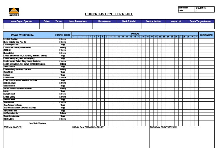 SHE 11 F074 MPS Form Ceklis P2H Forklift | PDF