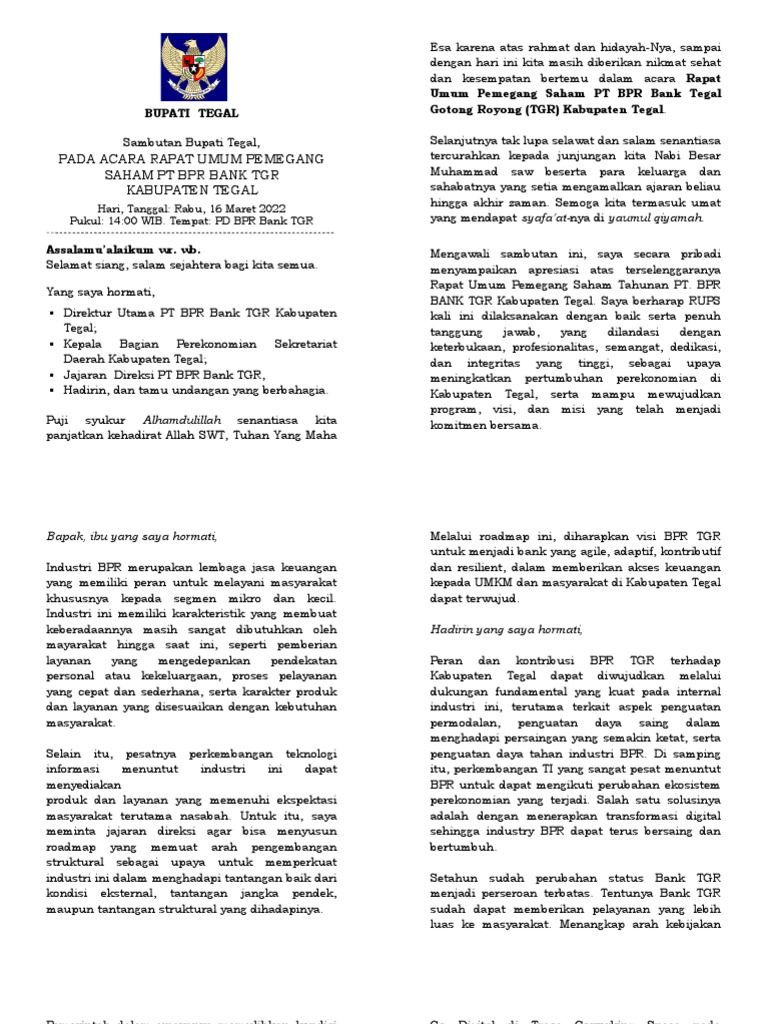 Sambutan Bupati - Rapat Umum Pemegang Saham PT. BPR TGR Kabupaten Tegal ...