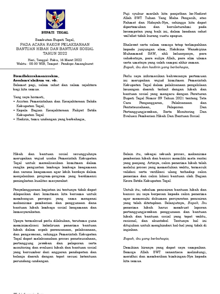 Sambutan Bupati - Rakor Pelaksanaan Bantuan Hibah Dan Bansos Tahun 2022 | PDF