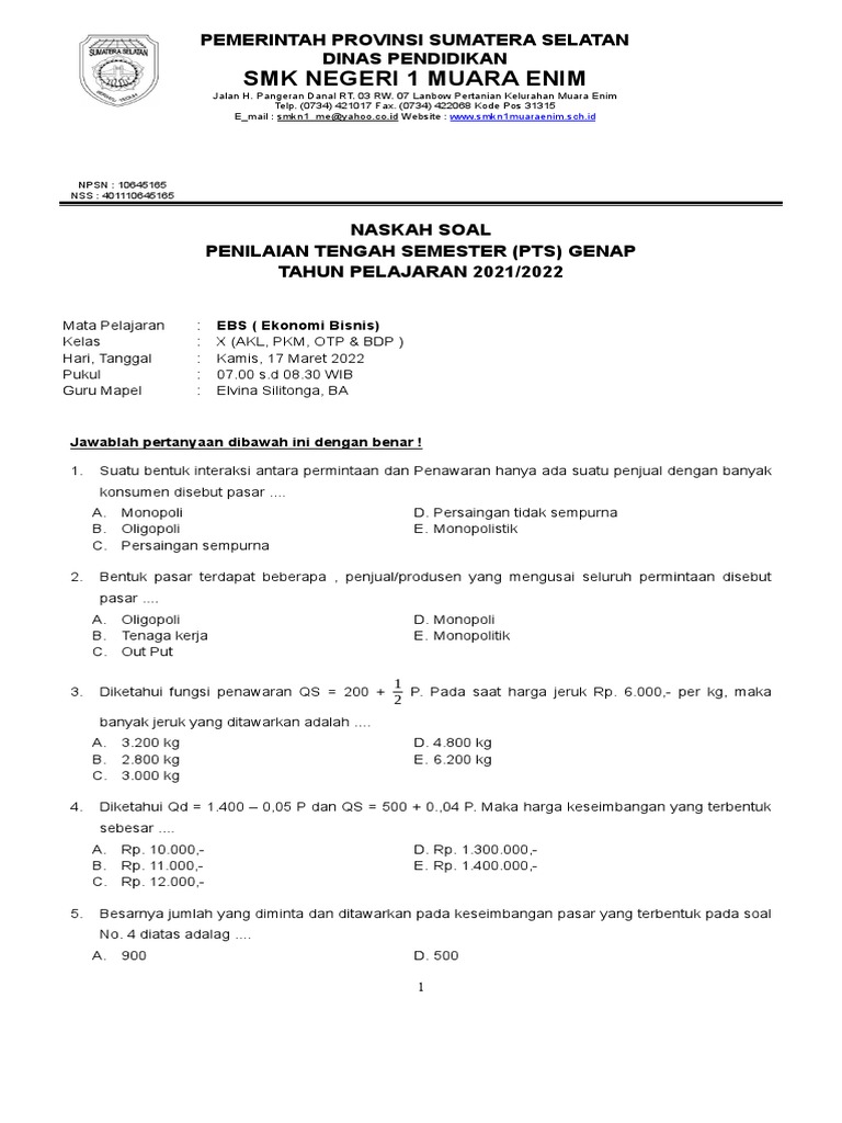 Soal Ebs KLS X PTS Genap 2021 - 2022 | PDF