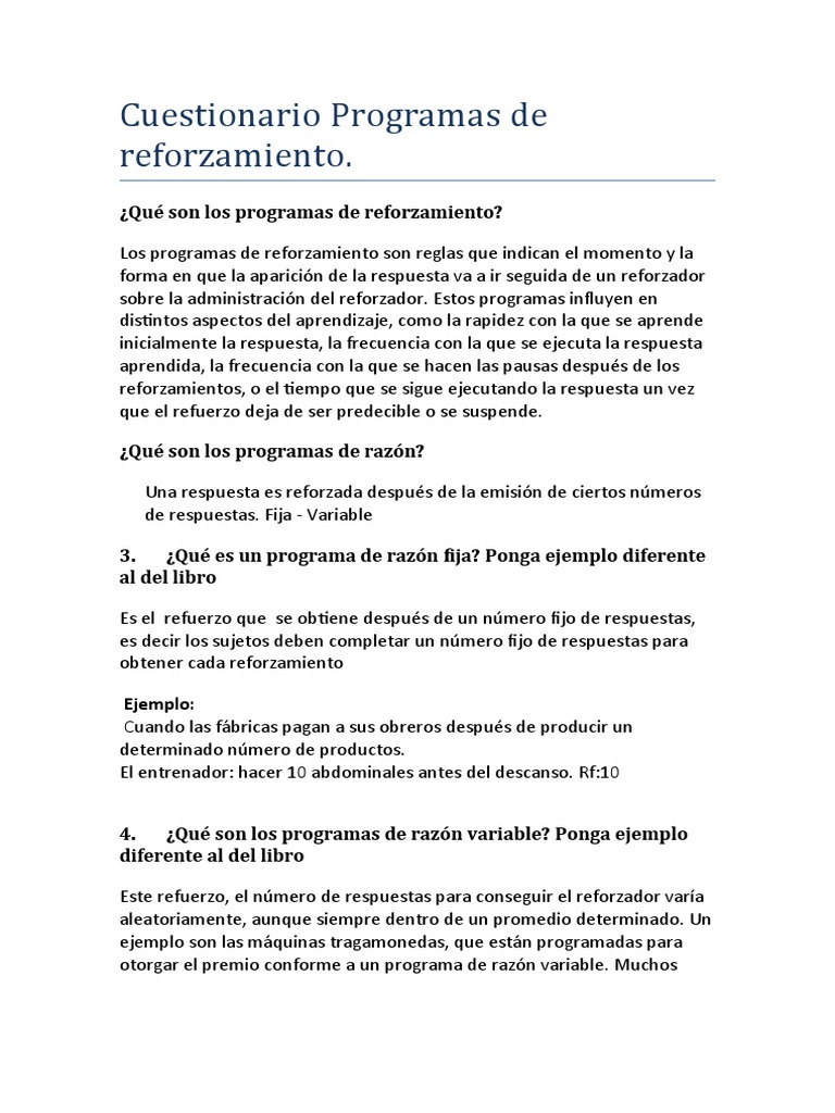 Cuestionario Programas de Reforzamiento | PDF