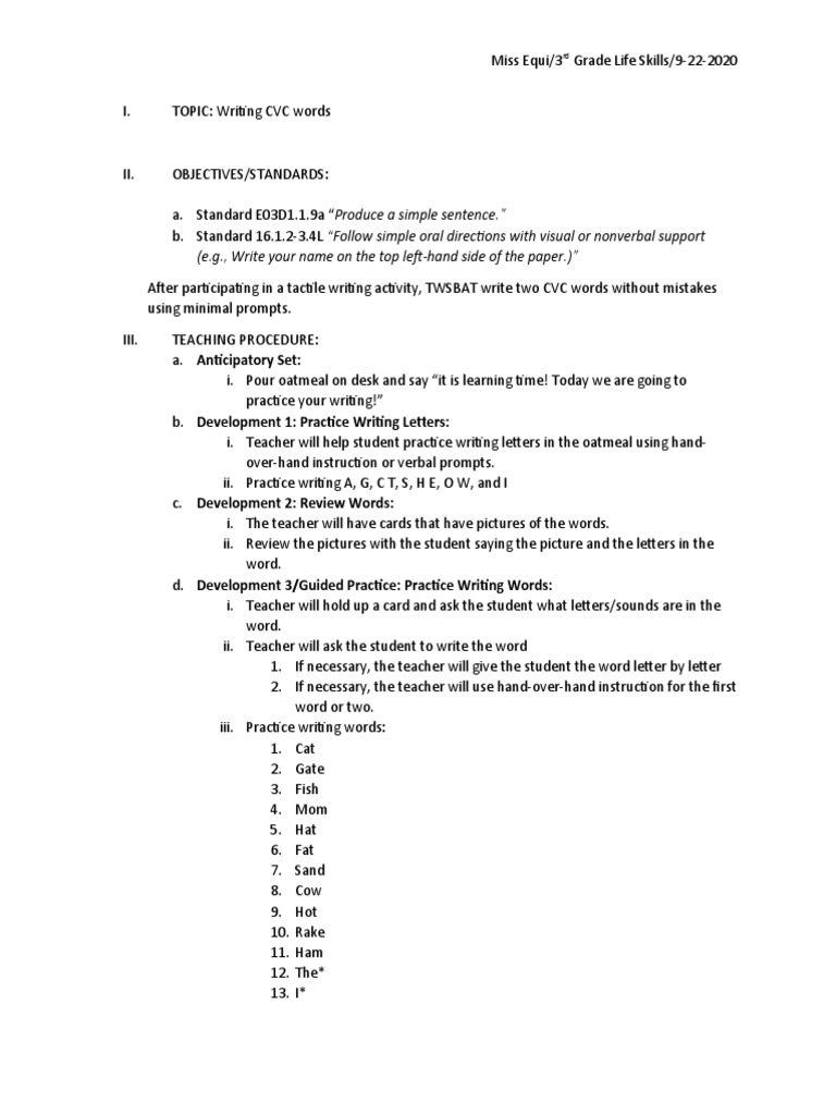CVC Words Writing Lesson Plan | PDF | Lesson Plan | Teachers
