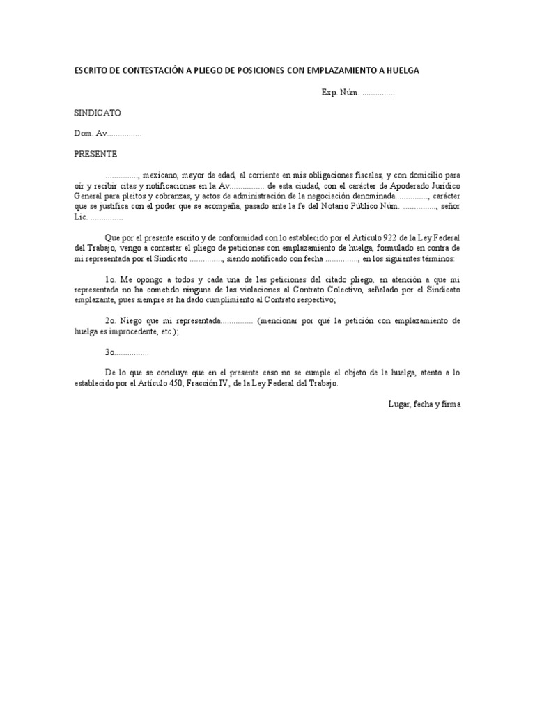Escrito de Contestaci N A Pliego de Posiciones Con Emplazamiento A ...