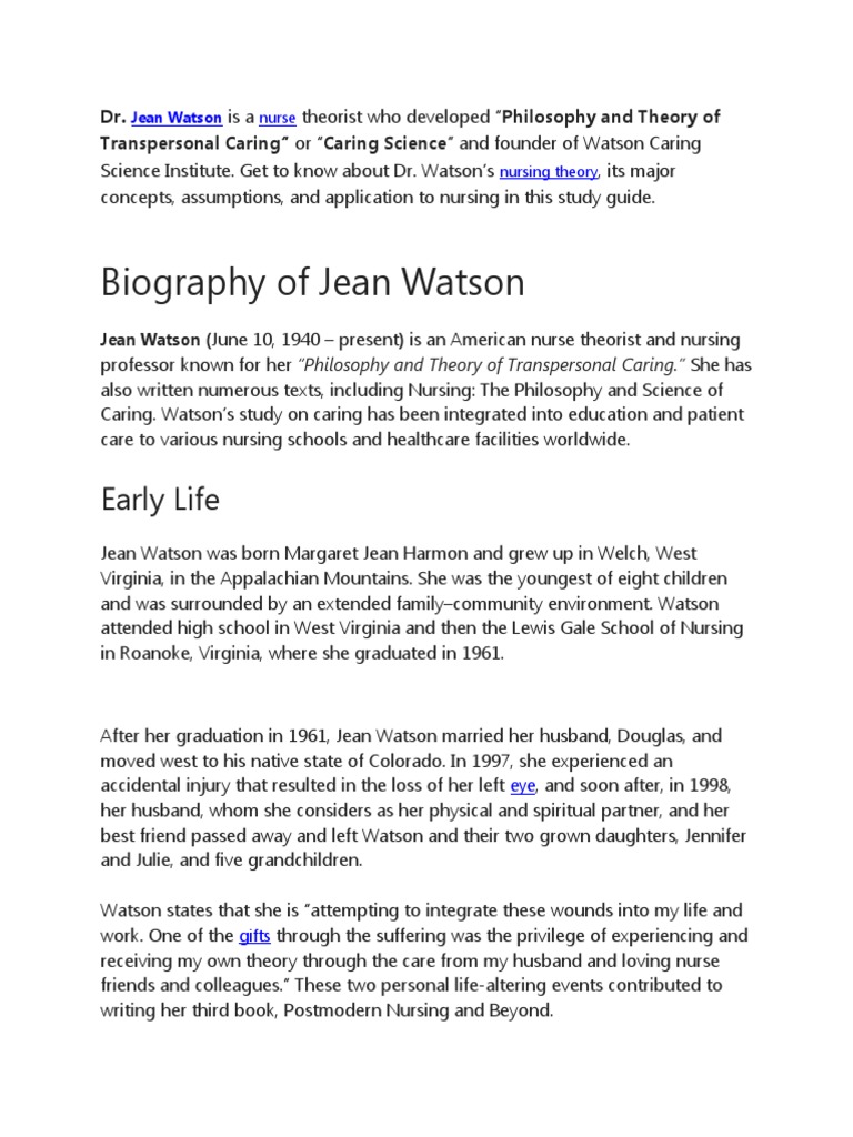Jean Watson's Philosophy and Theory of Transpersonal Caring: An ...