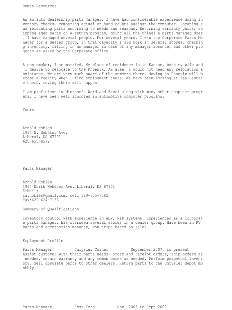 Auto Dealership Parts Manager Resume | PDF | Car Dealership | Motor Vehicle