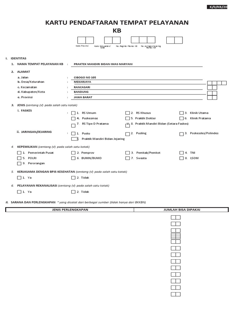 Kartu Pendaftaran Tempat Pelayanan KB:: Praktek Mandiri Bidan Imas Maryani | PDF