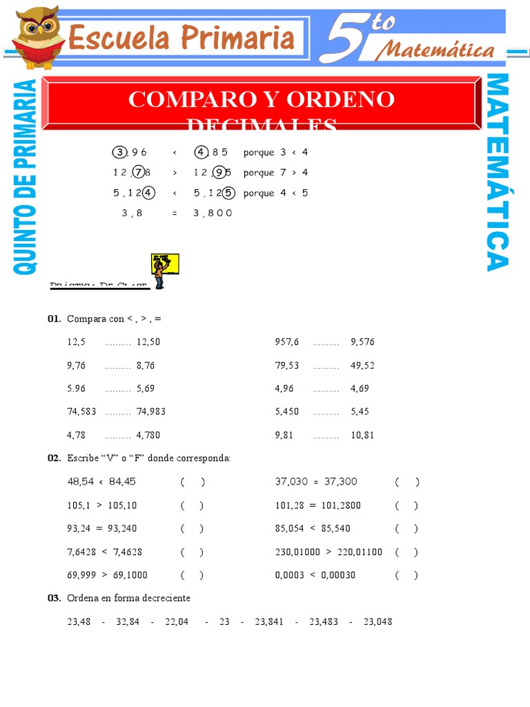 Comparando y Ordenando Decimales para Quinto de Primaria | PDF