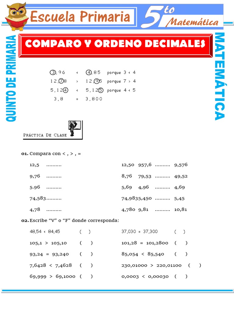 Comparando y Ordenando Decimales para Quinto de Primaria | PDF