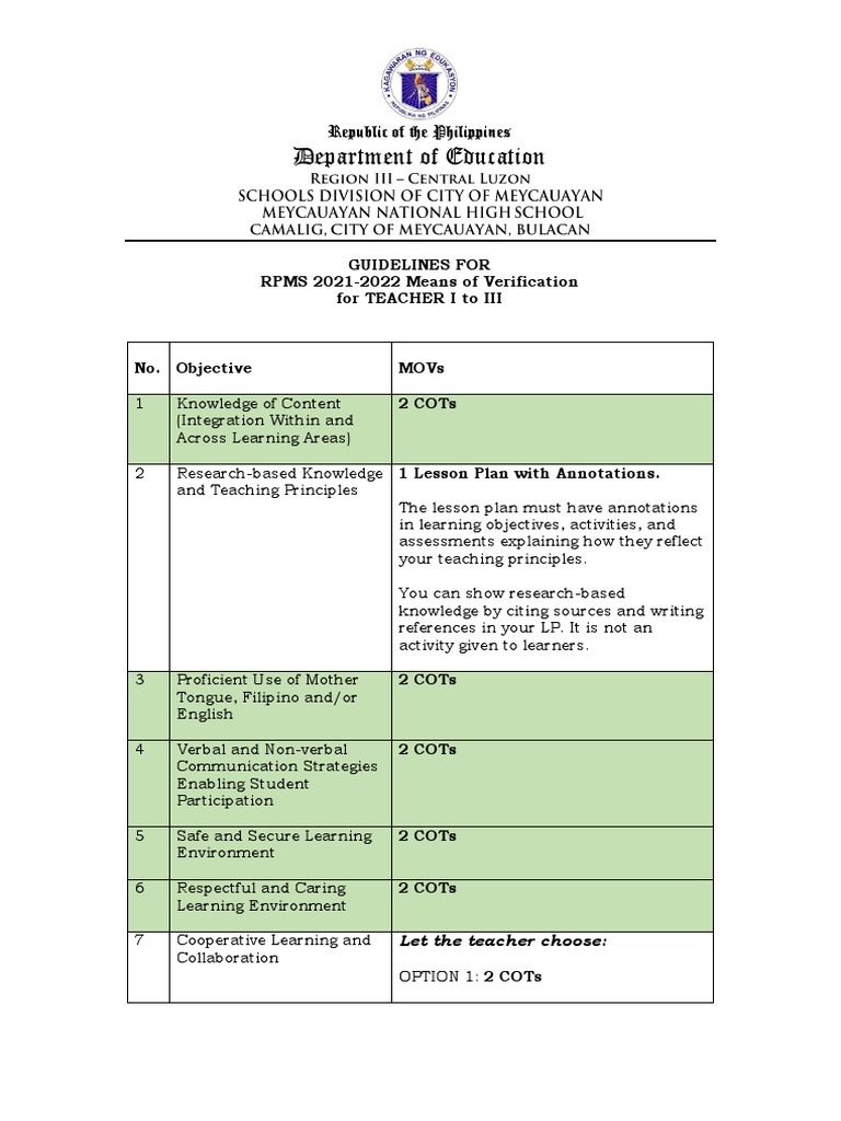 Guidelines For RPMS 2021 2022 MOVs | PDF | Learning | Lesson Plan