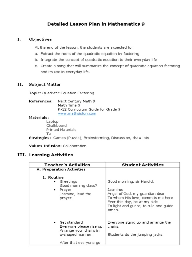 Detailed Lesson Plan in Mathematics 9 Final | Download Free PDF ...
