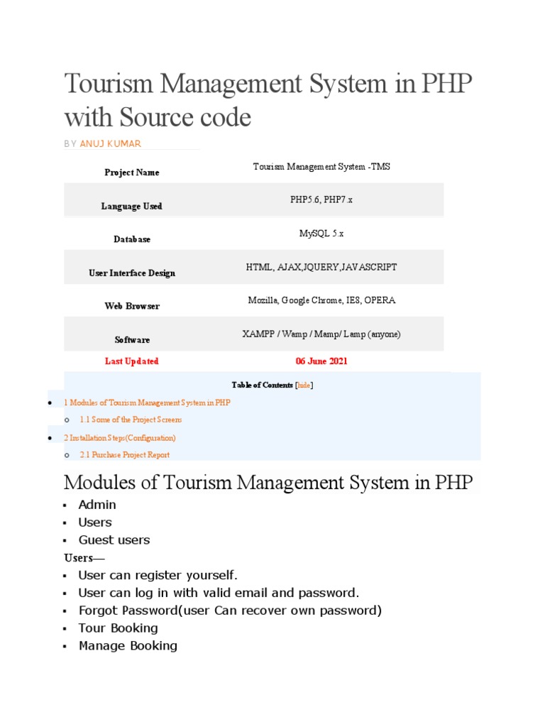 Tourism Management System in PHP With Source Code | PDF