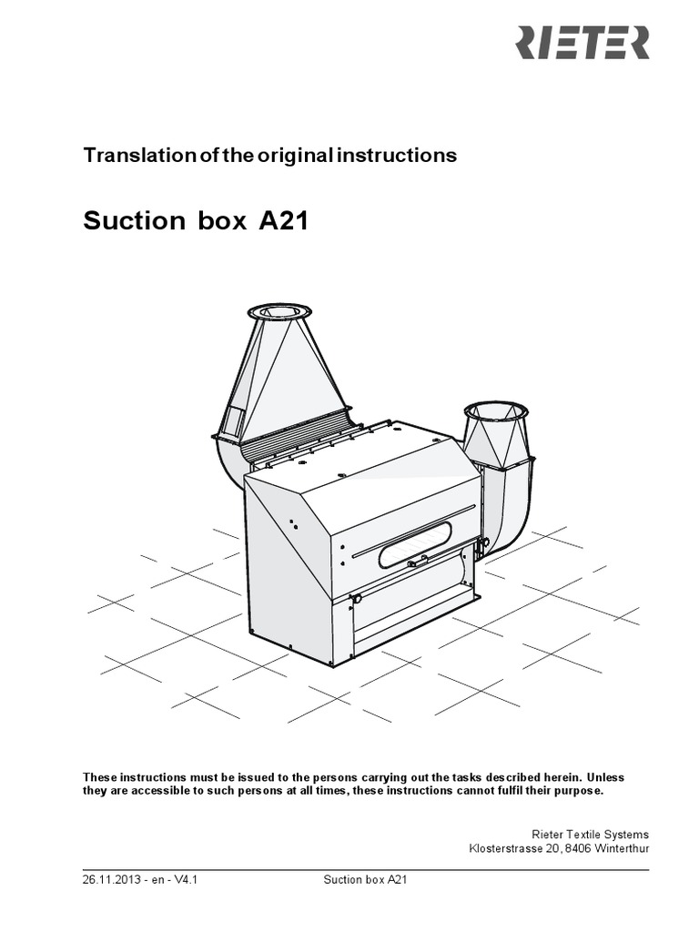 OM - Rieter - Suction Box A21 | PDF | Fires | Safety