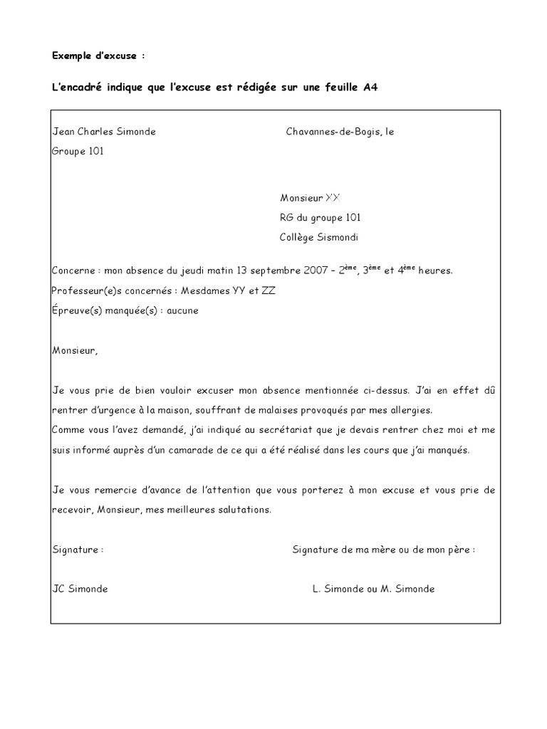 Modèle de lettre d'excuse scolaire | PDF