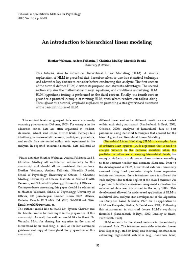 An Introduction to the Statistical Technique of Hierarchical Linear Modeling for Analyzing ...