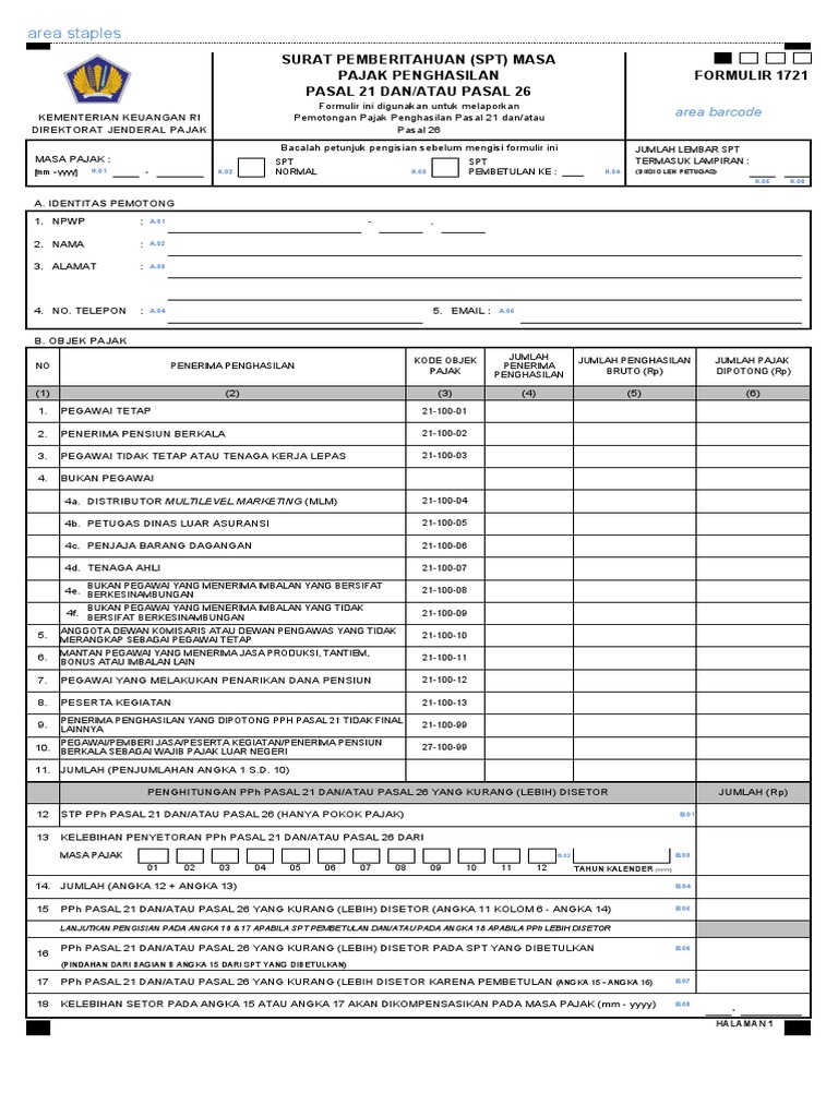 SPT Masa PPH Pasal 21-26 (1721 Induk) | PDF