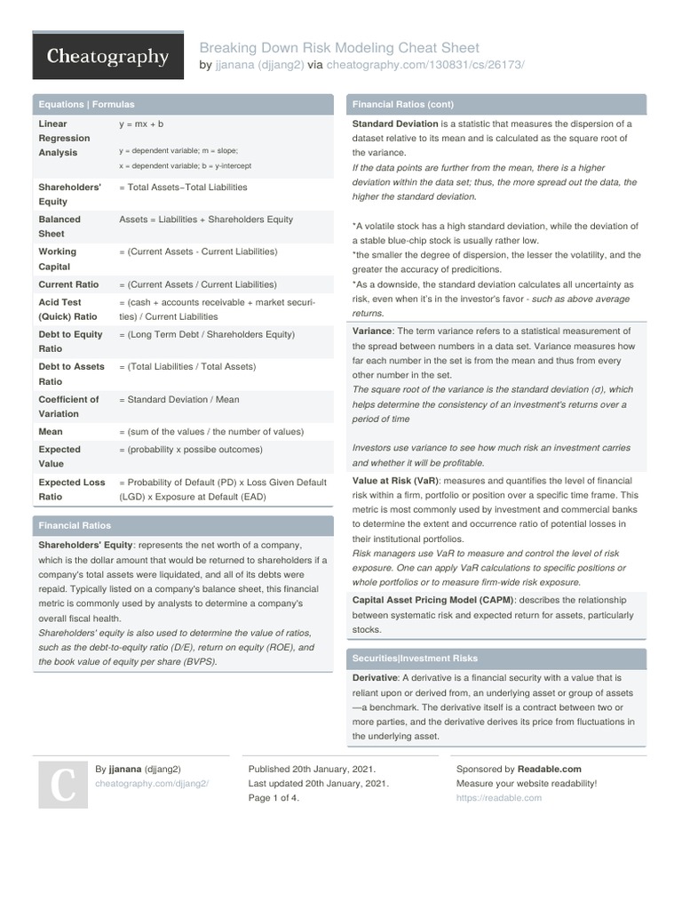 Breaking Down Risk Modeling Cheat Sheet: by Via | PDF | Volatility ...