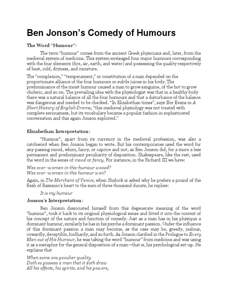 Ben Jonson's Comedy of Humours: The Word "Humour" | PDF | Ben Jonson ...