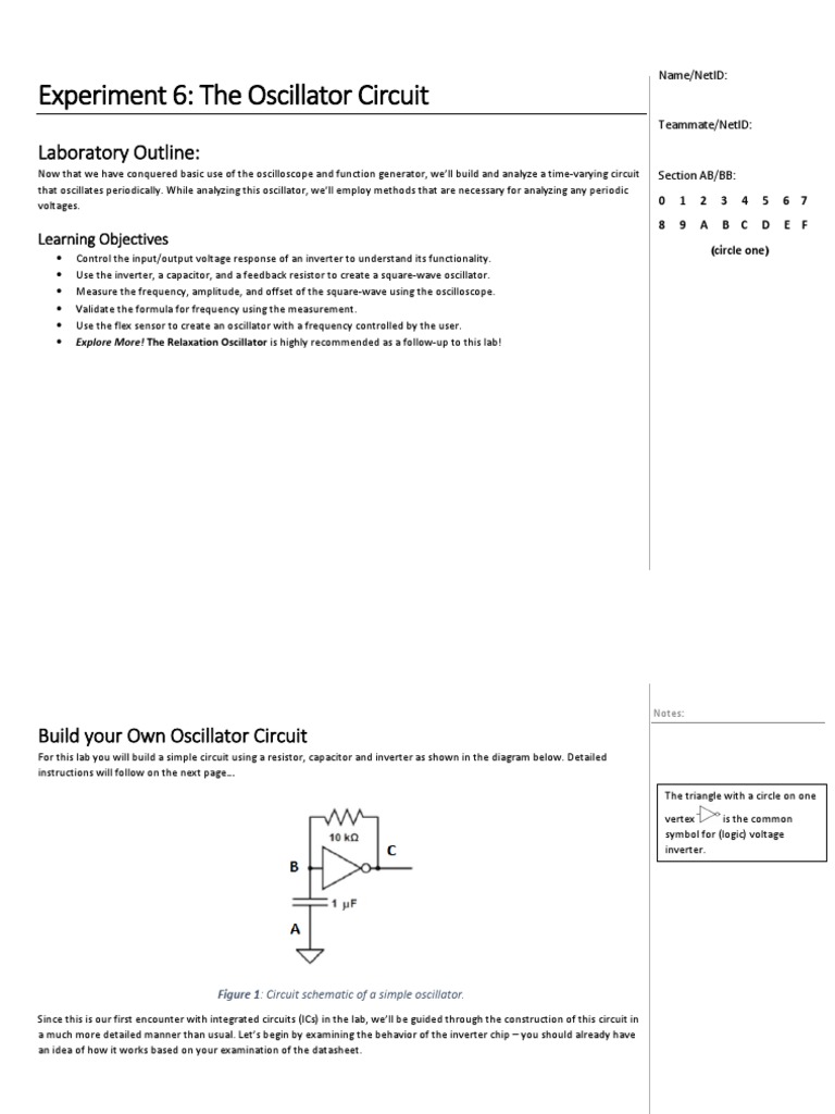 Experiment 6: The Oscillator Circuit: Laboratory Outline | PDF ...