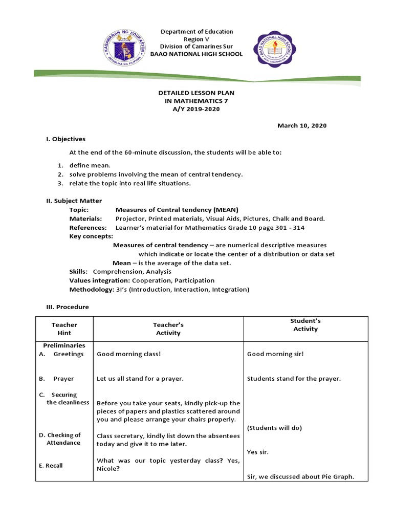 Sample Lesson Plan | PDF | Mean | Lesson Plan