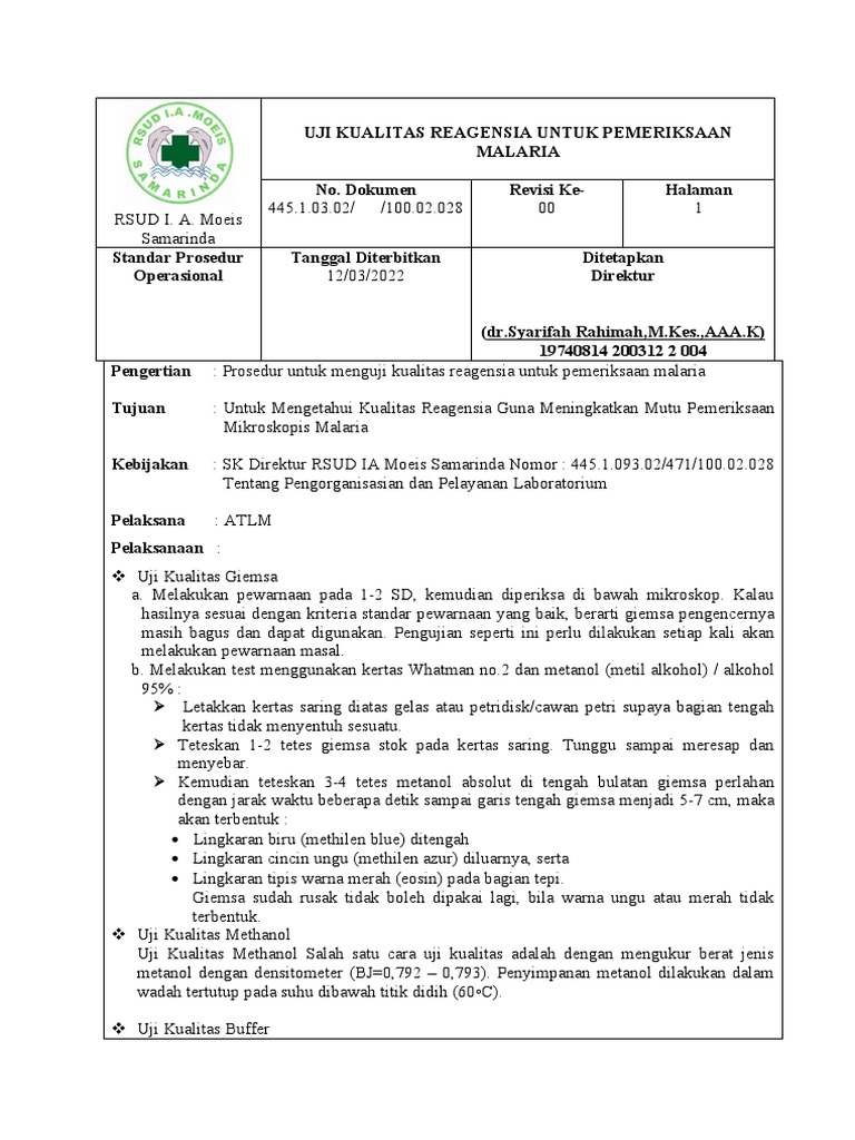 Uji Kualitas Reagensia Malaria RSUD | PDF