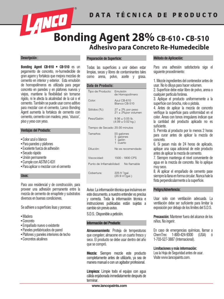 Ficha Tecnica Bonding Agent CB510 - CB610 Espa Ol | PDF | Hormigón ...