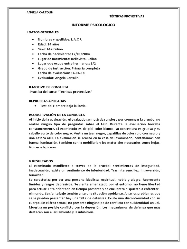 Informe Psicologico Ejemplo | PDF | Depresión (estado de ánimo) | Sicología