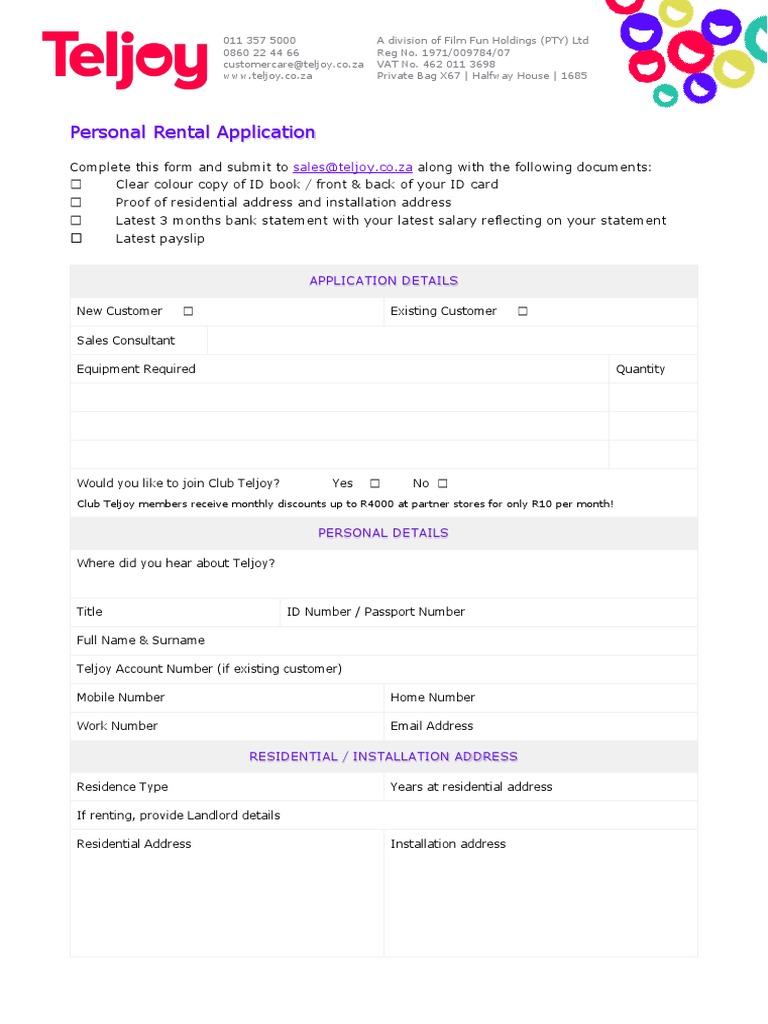 Teljoy Personal Rental Application | PDF | Debit Card | Banks