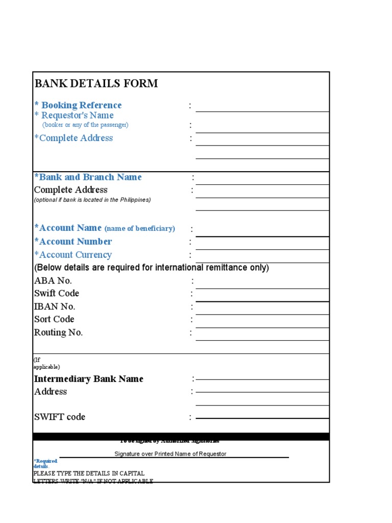 Cash Refund Bank Details Form | PDF