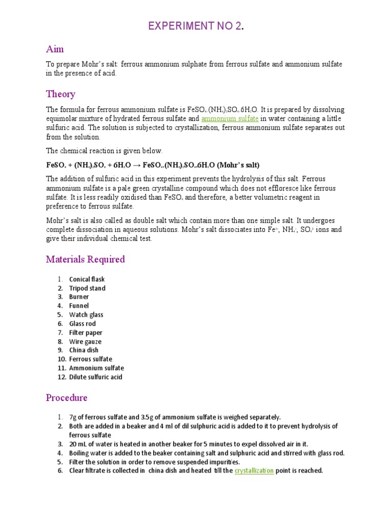 Preparation of Mohrs Salt | PDF | Sulfate | Salt (Chemistry)