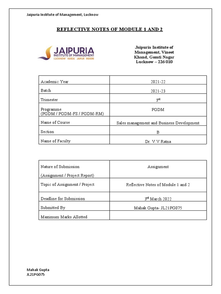Jaipuria Institute Sales Management Reflective Notes | PDF | Sales ...