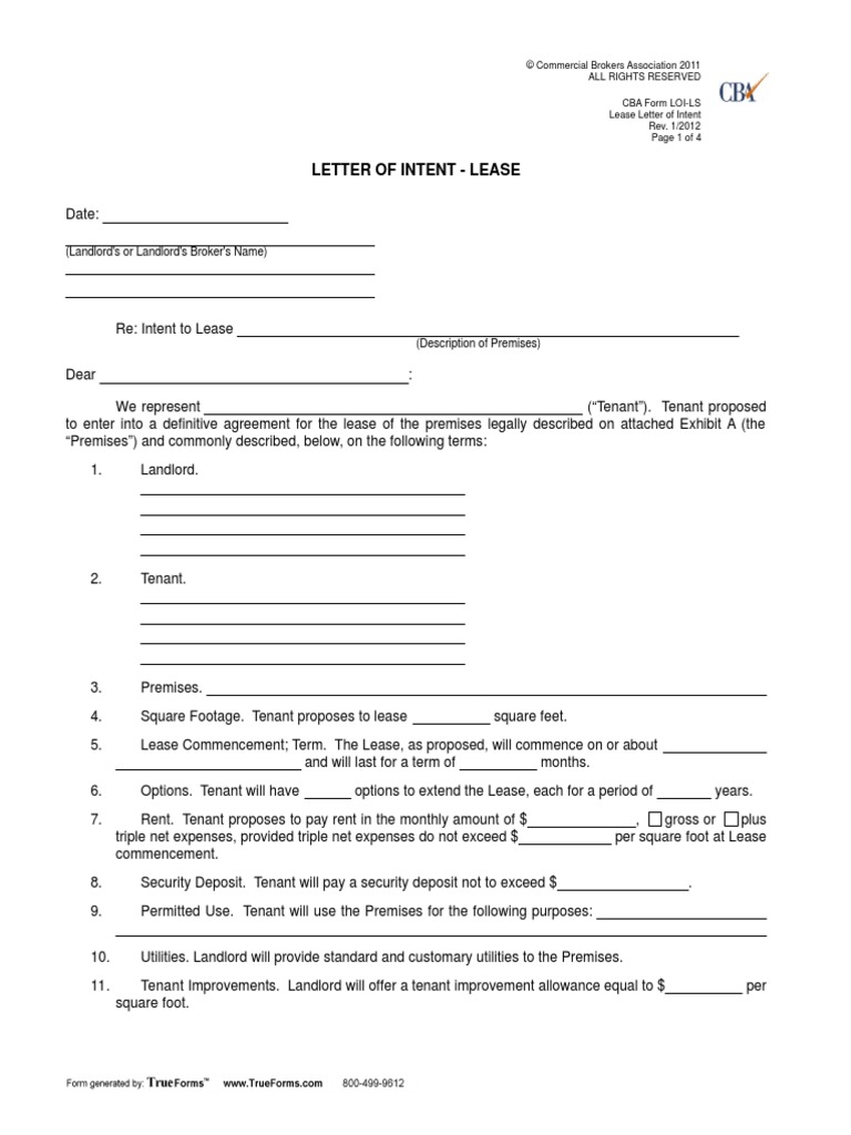 Sample Blank Letter of Intent Real Estate Lease Download | PDF | Lease ...