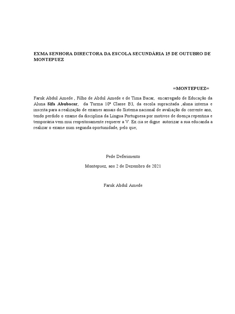 Exmo Senhor Director Da Escola Secundária de 15 de Outubro de Montepuez ...